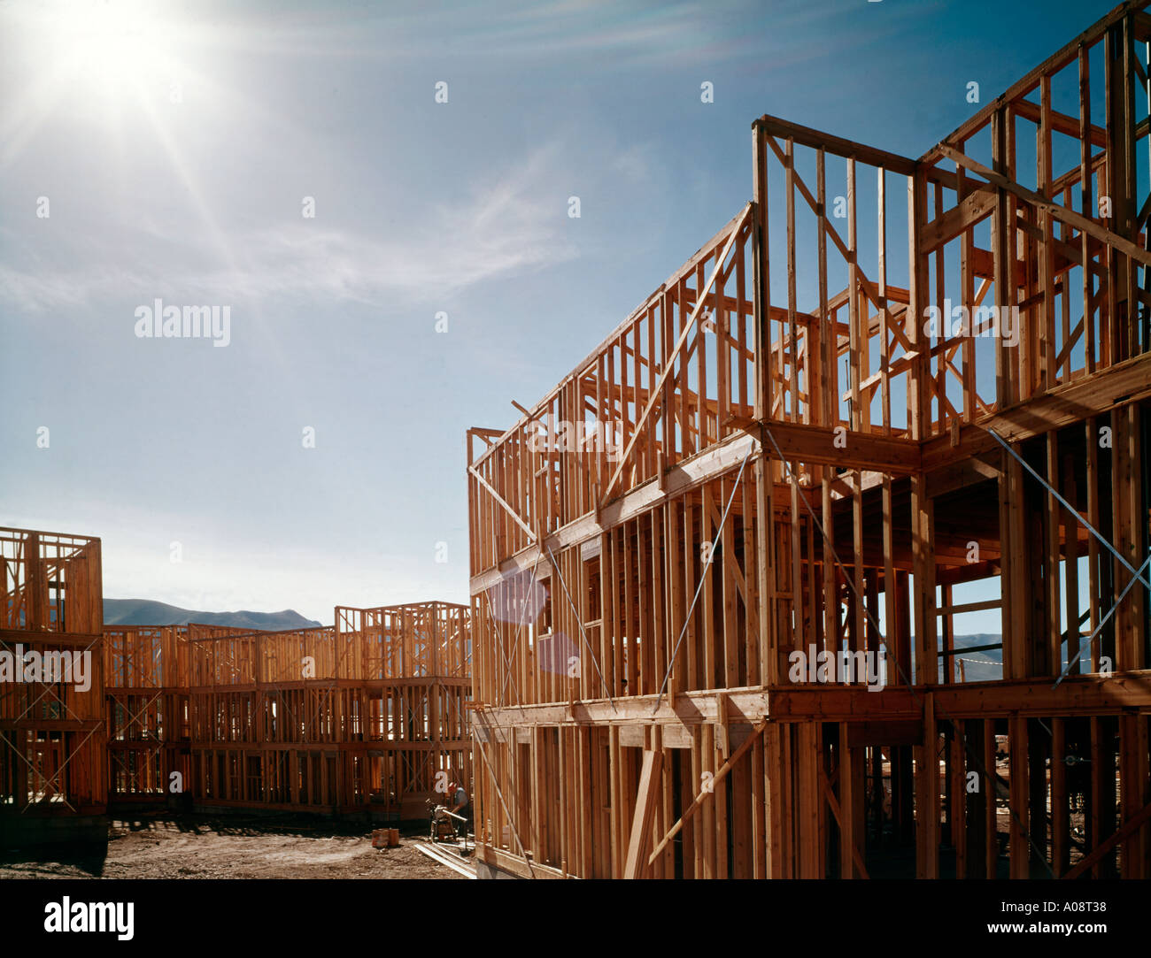 framing a building with wood 2X4 and other timbers creating the ...