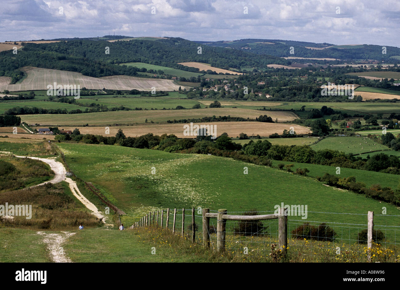 The South Downs Way leads down to the Arun valley with Bignor Hill in ...