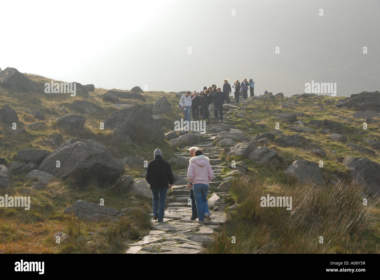 Walkers on Footpath Cwm Idwal Snowdonia North West Wales Stock Photo ...