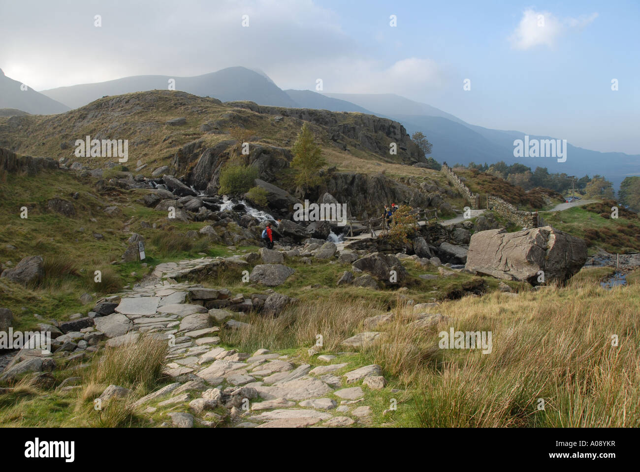 Walkers on Footpath Cwm Idwal Snowdonia North West Wales Stock Photo ...