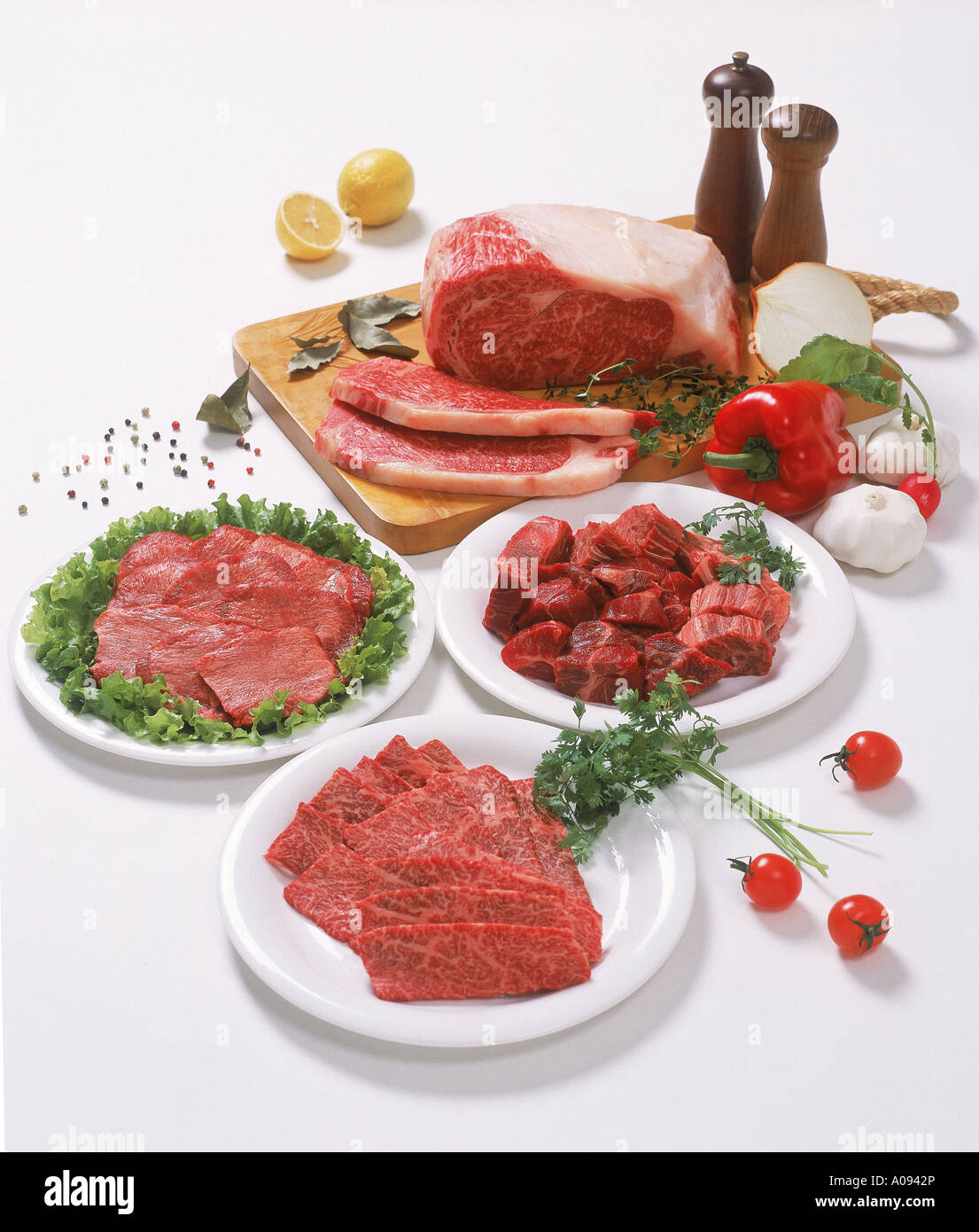 Assorted Cuts of Beef and Vegetables Stock Photo - Alamy