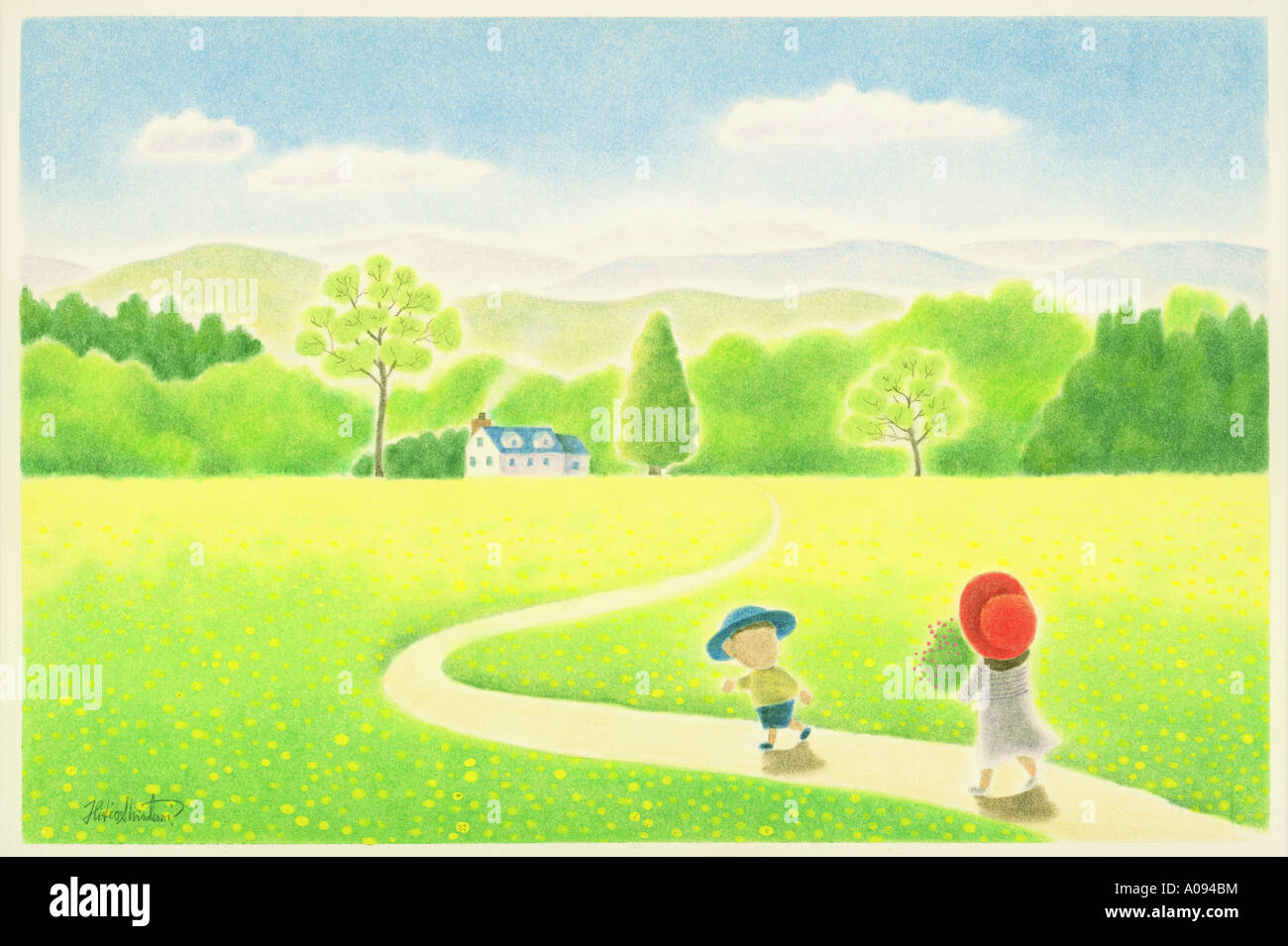 Illustration of Two Children Walking on Path Stock Photo - Alamy