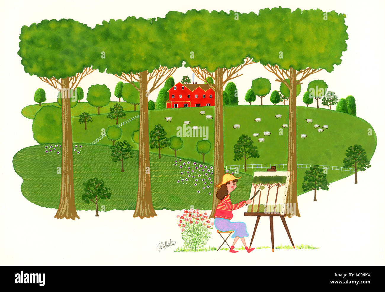 Illustration of Woman Painting in the Countryside Stock Photo - Alamy