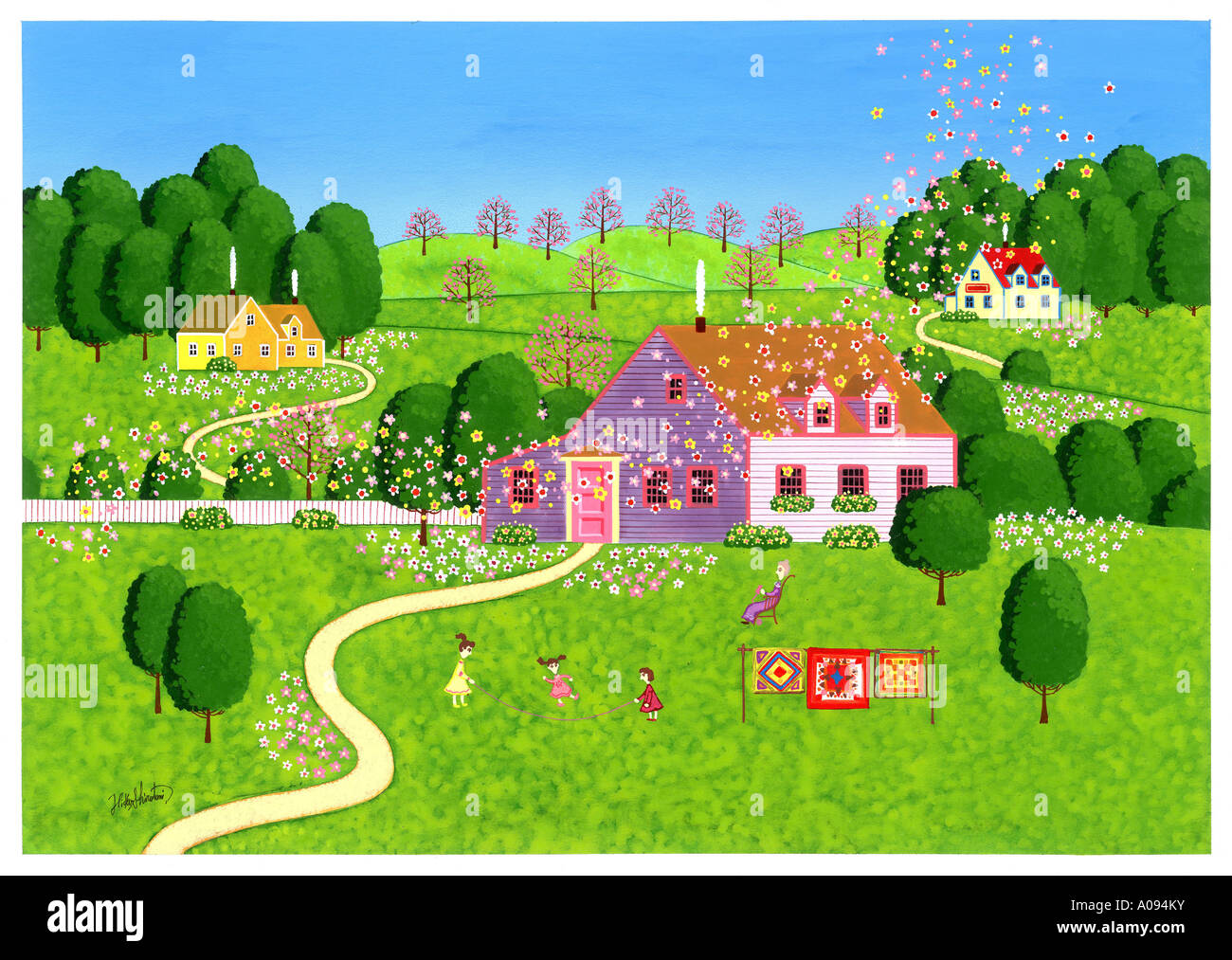 Illustration of House in the Countryside with Children Playing Stock ...