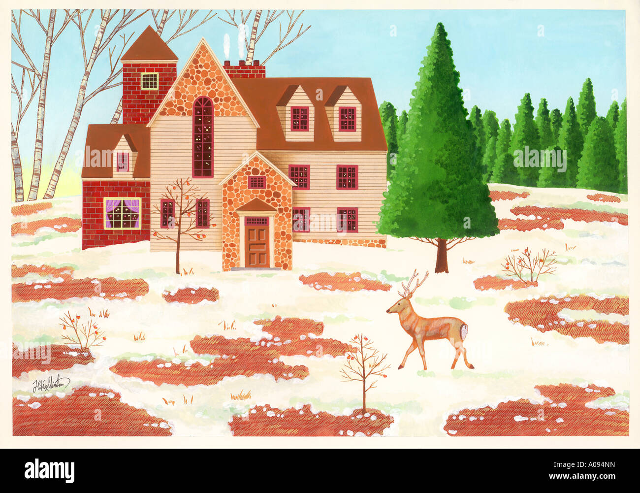 Illustration of House in Countryside with Deer in Front Stock Photo - Alamy