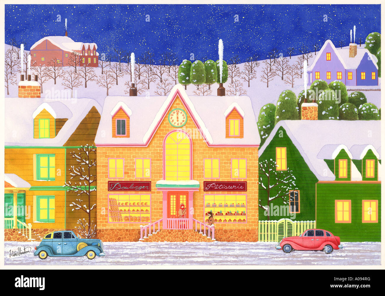 Illustration of Houses and Shop in the Winter Stock Photo - Alamy