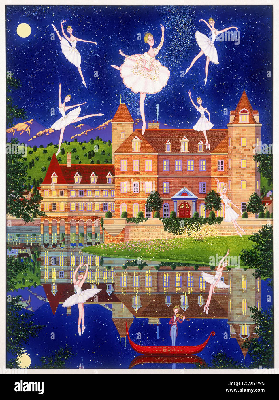 Illustration of Flying Dancers in Front of House at a Lake Stock Photo ...