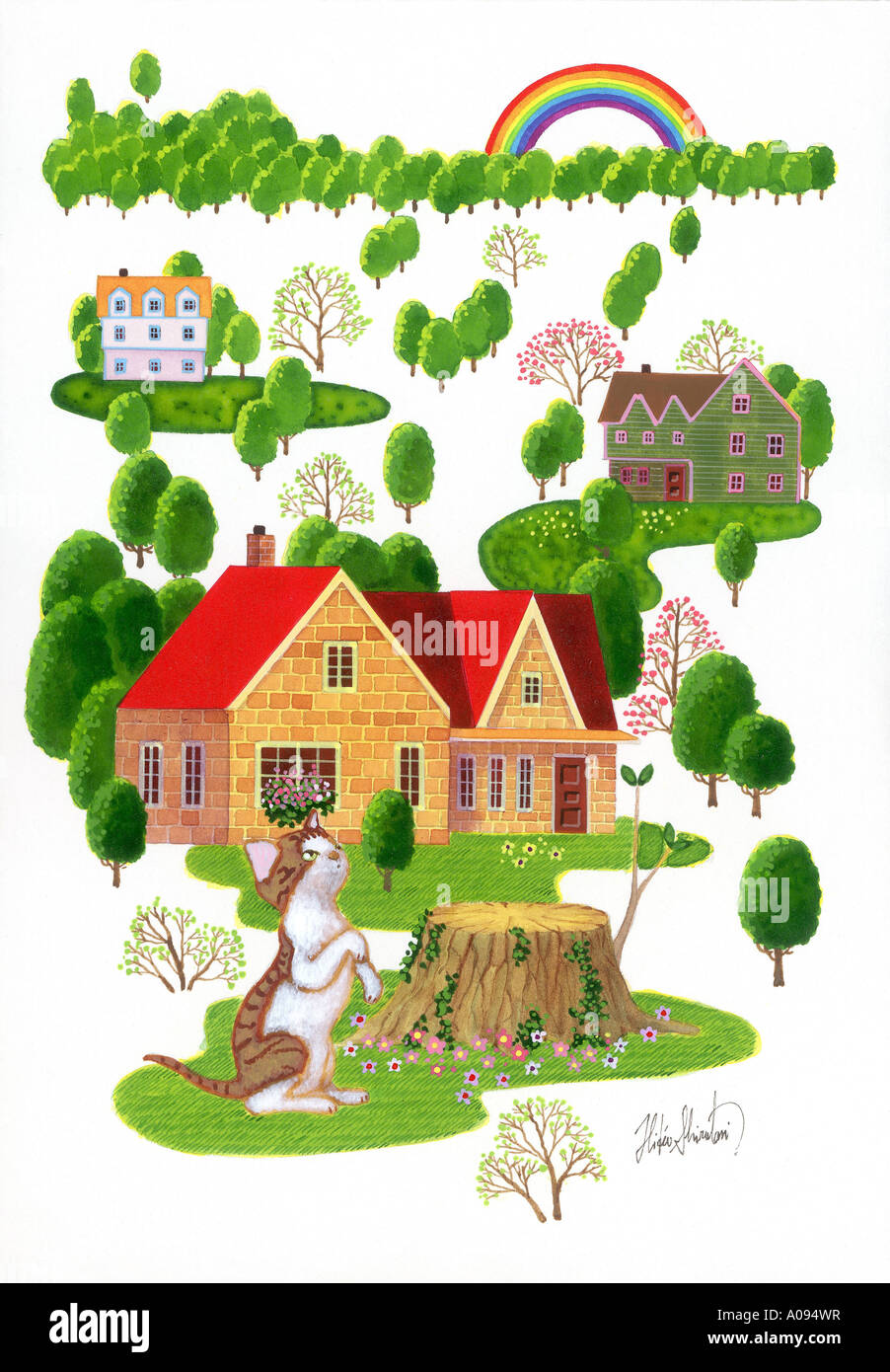 Illustration of Cat in Garden Front of House Stock Photo - Alamy