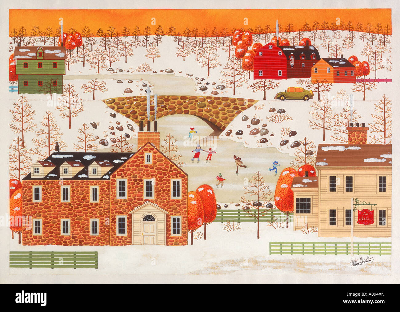 Illustration of Children Skating on Frozen River in Village Stock Photo ...