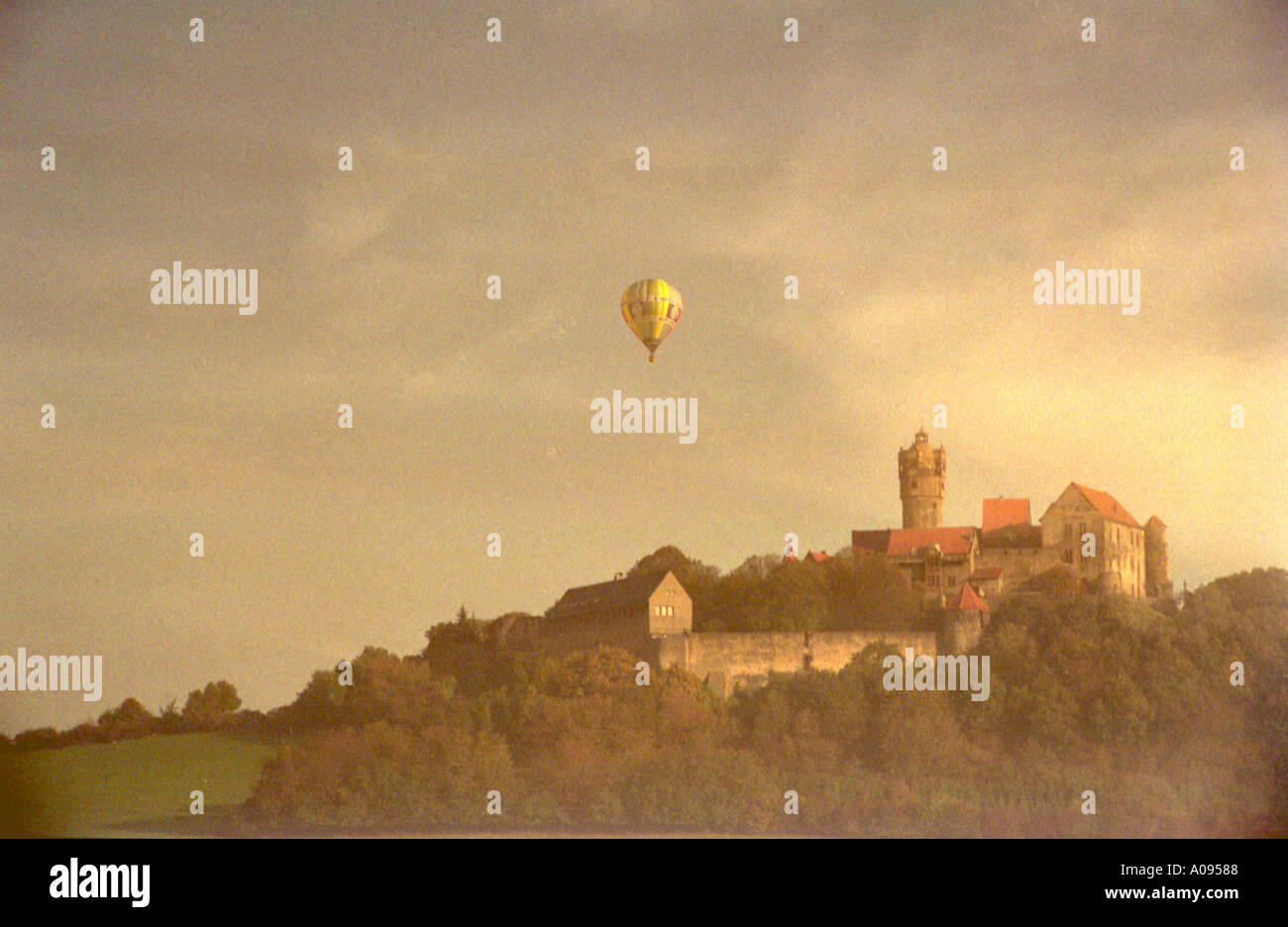 German Castle with hot air balloon Stock Photo - Alamy