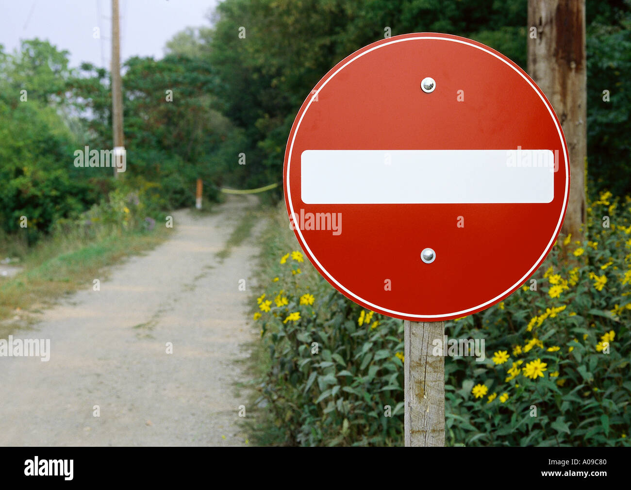 A red and white circular no entry road sign on a wooden post situated ...