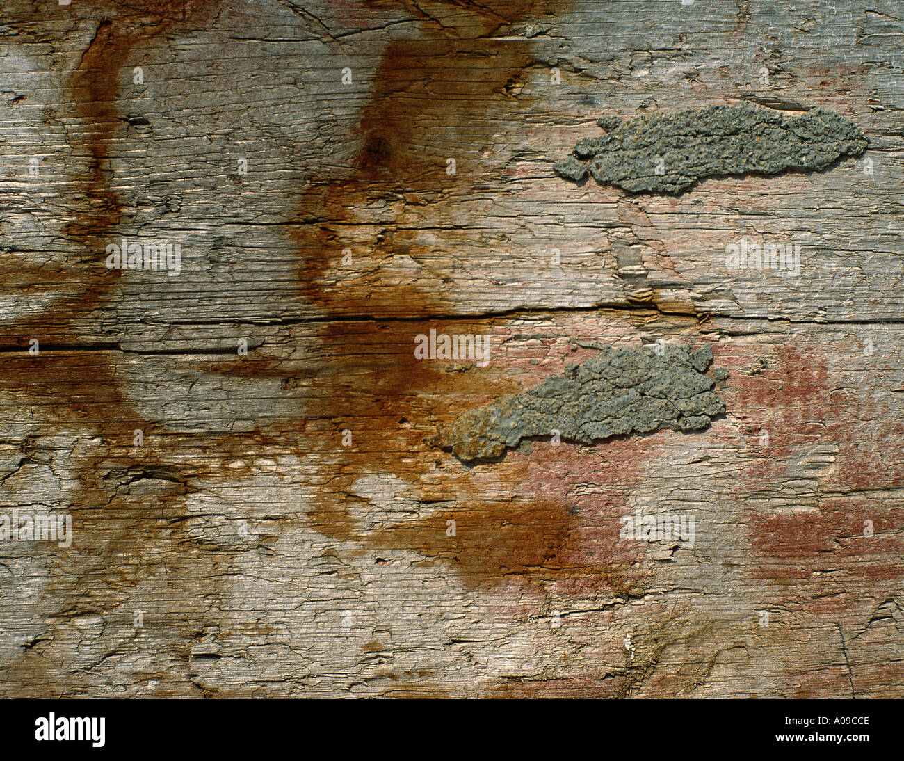 A close up of an aged and weathered cracked stained and flaking wood ...