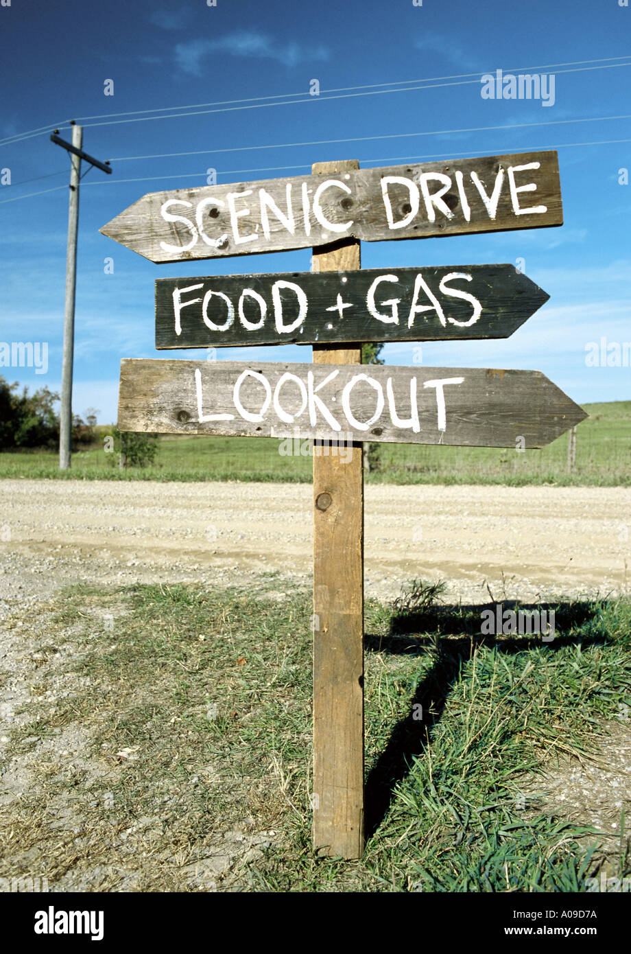 Hand made wooden signs indicating directions to SCENIC DRIVE, FOOD ...