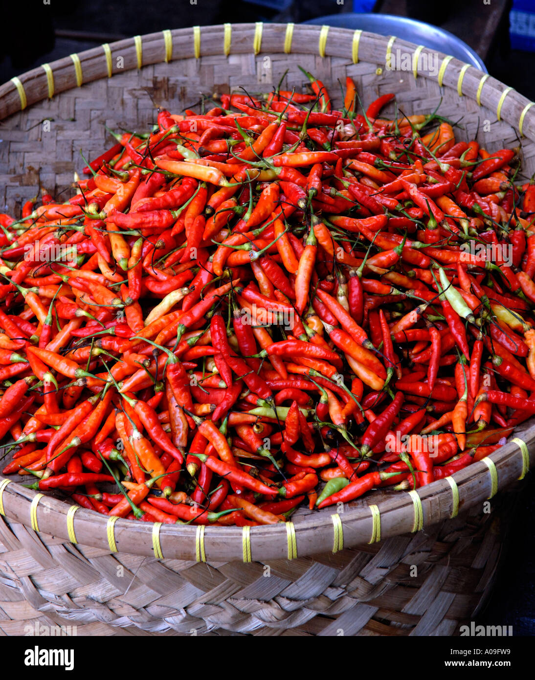 Red chilli peppers, spices, seeds and pulses for sale at a Balinese ...