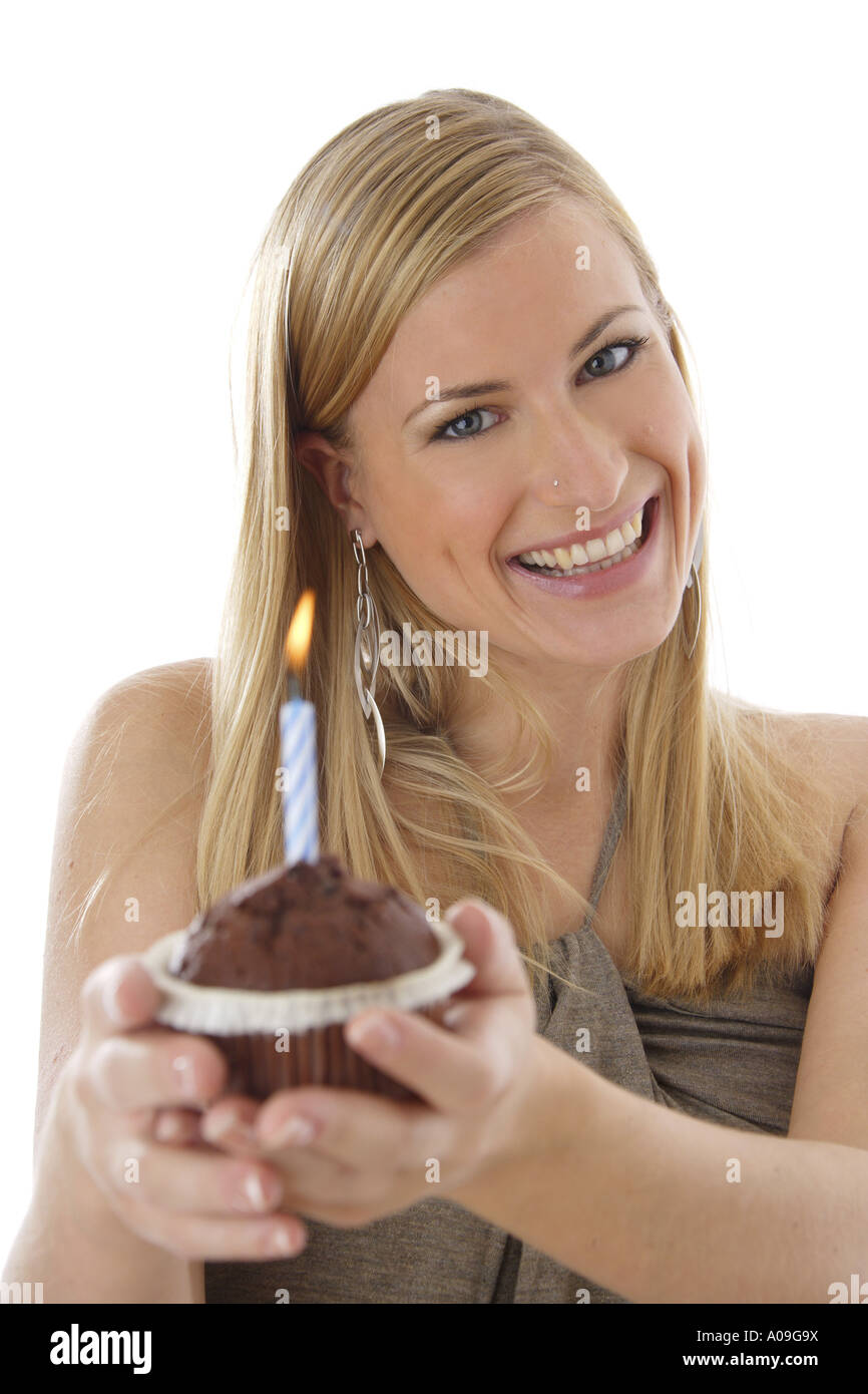 Woman presenting birthday cake hi-res stock photography and images - Alamy