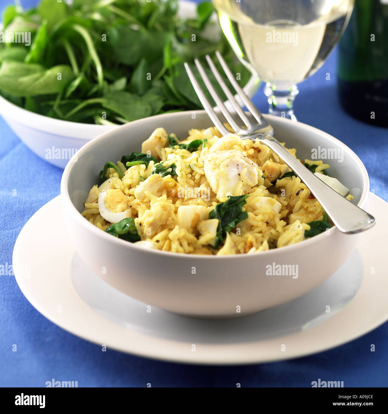 Smoked Haddock Kedgeree with green salad white wine Keywords egg fish ...