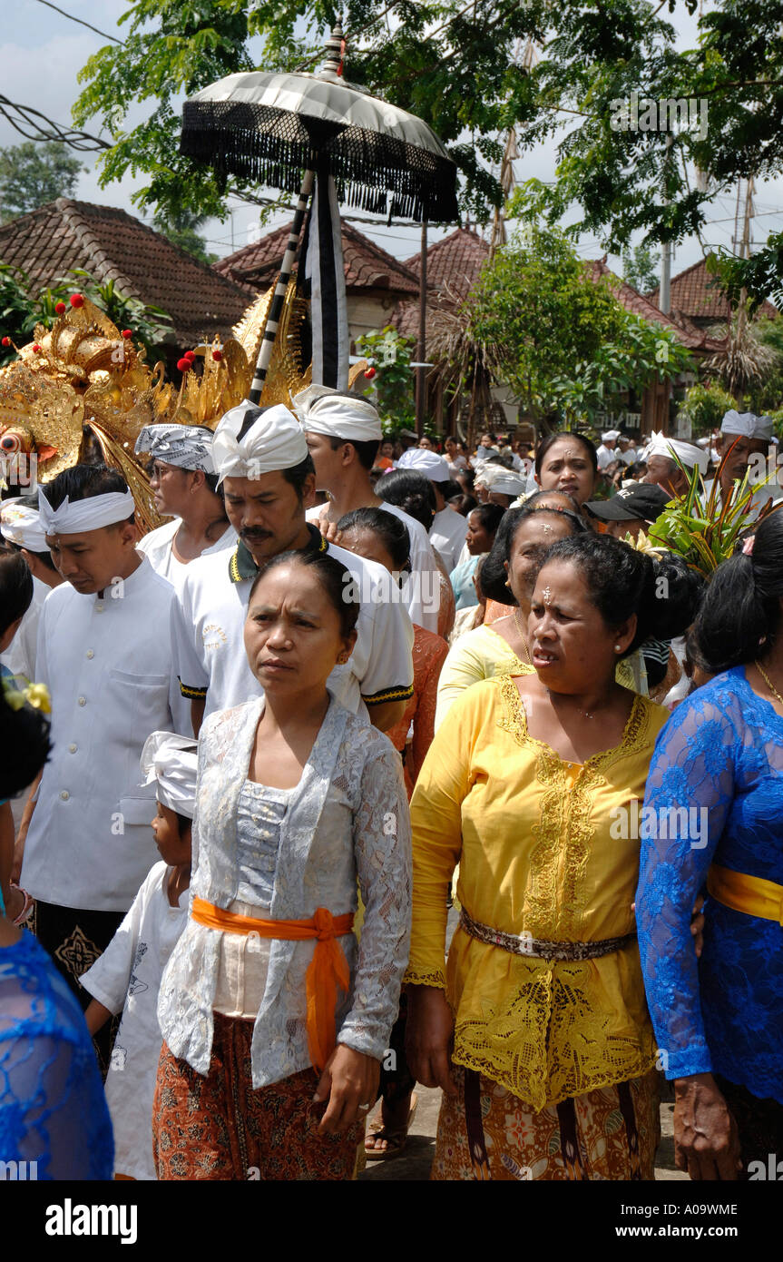 Balinese religious festival, temple procession in the town of Ubud ...