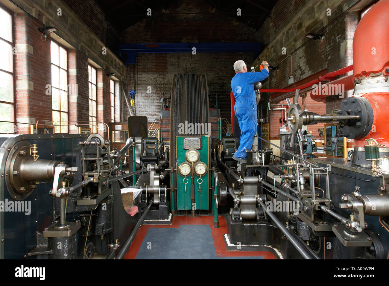 Engineer oiling a steam engine in a heritage museum Stock Photo - Alamy