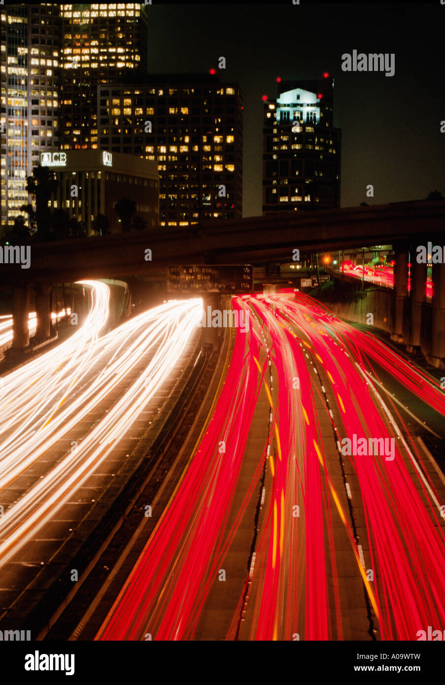 The downtown LOS ANGELES SKYLINE FREEWAY at sunset CALIFORNIA Stock ...