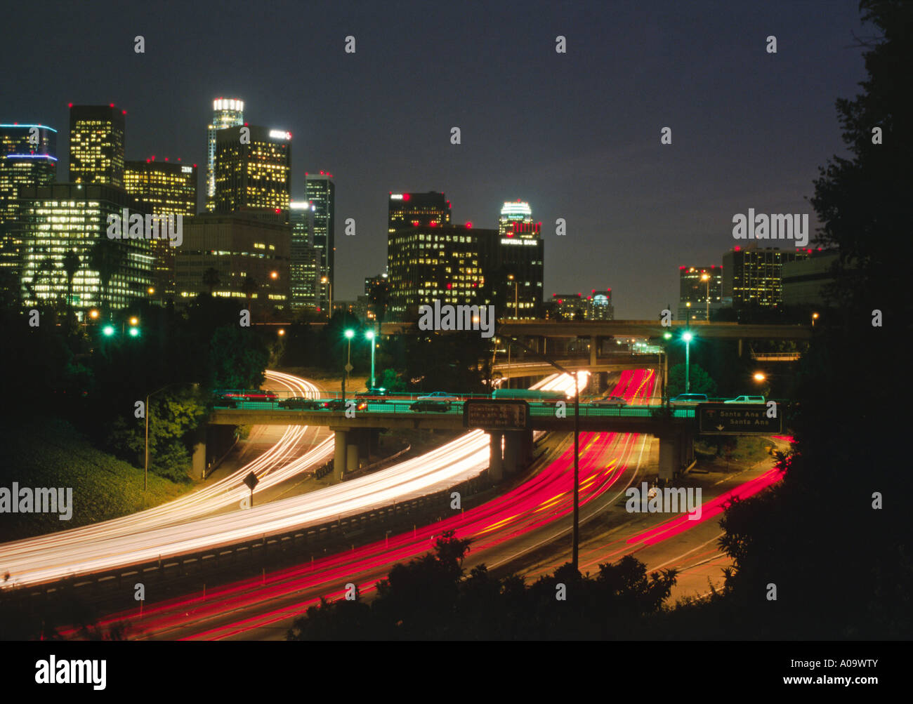 The downtown LOS ANGELES SKYLINE FREEWAY at sunset CALIFORNIA Stock ...