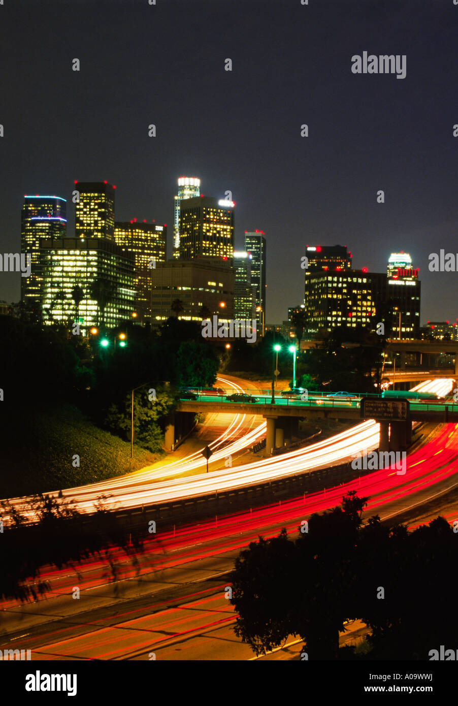 The downtown LOS ANGELES SKYLINE FREEWAY at sunset CALIFORNIA Stock ...