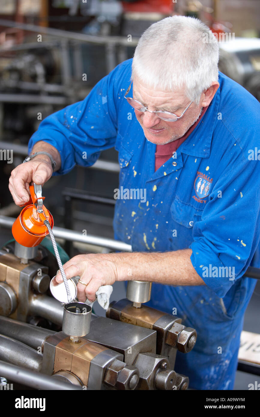 Engineer oiling a steam engine in a heritage museum Stock Photo - Alamy