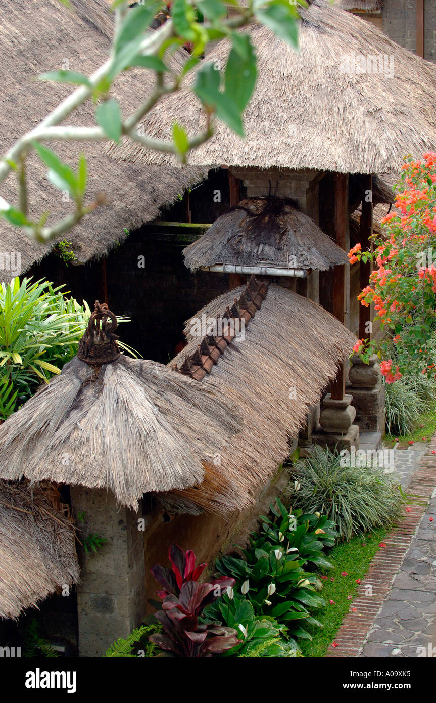 Thatched roofs at a Balinese luxury holiday resort hotel, Ubud, Bali ...