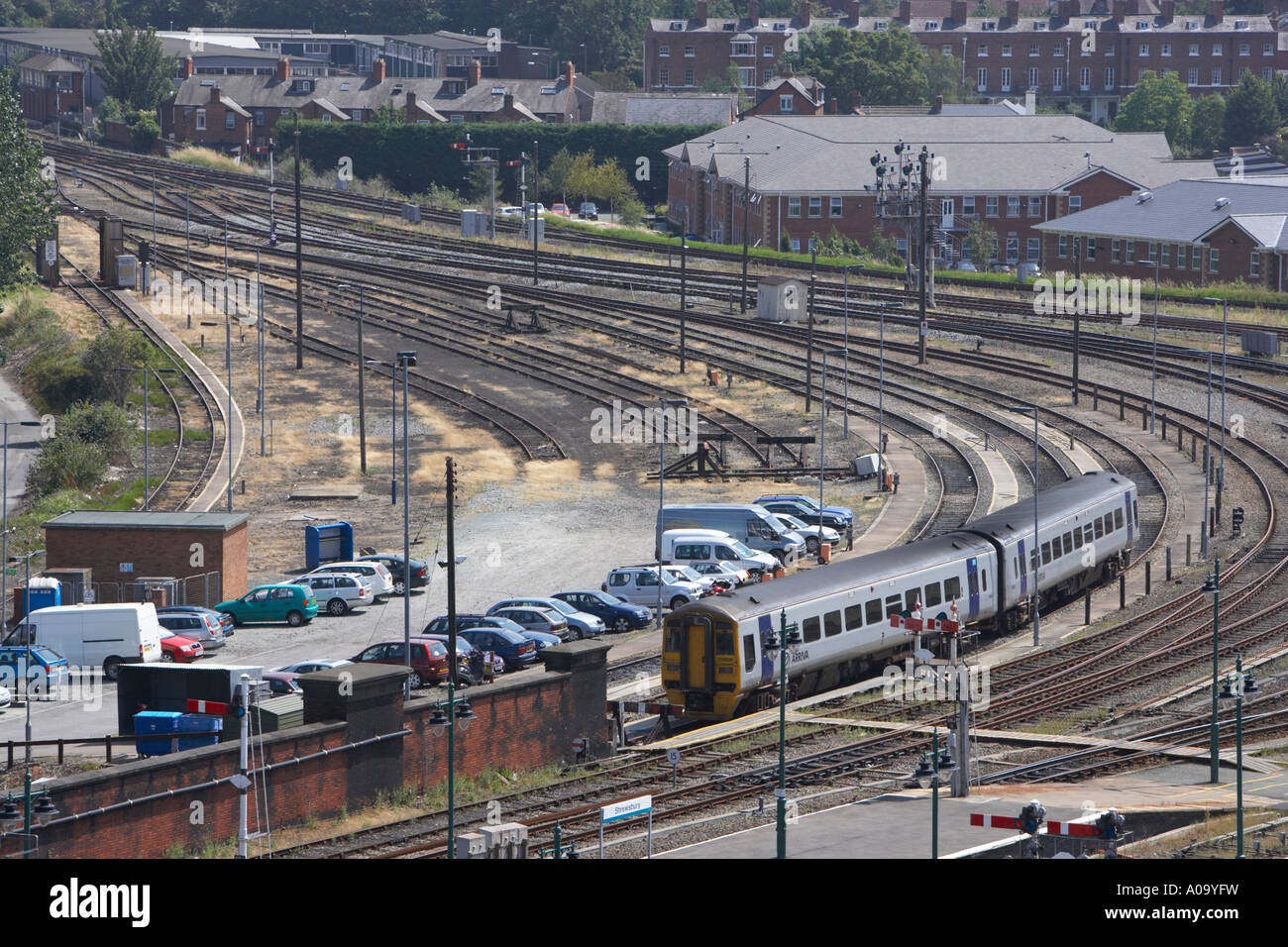 railway network at Shrewsbury station with 2 carriages stationary Stock ...