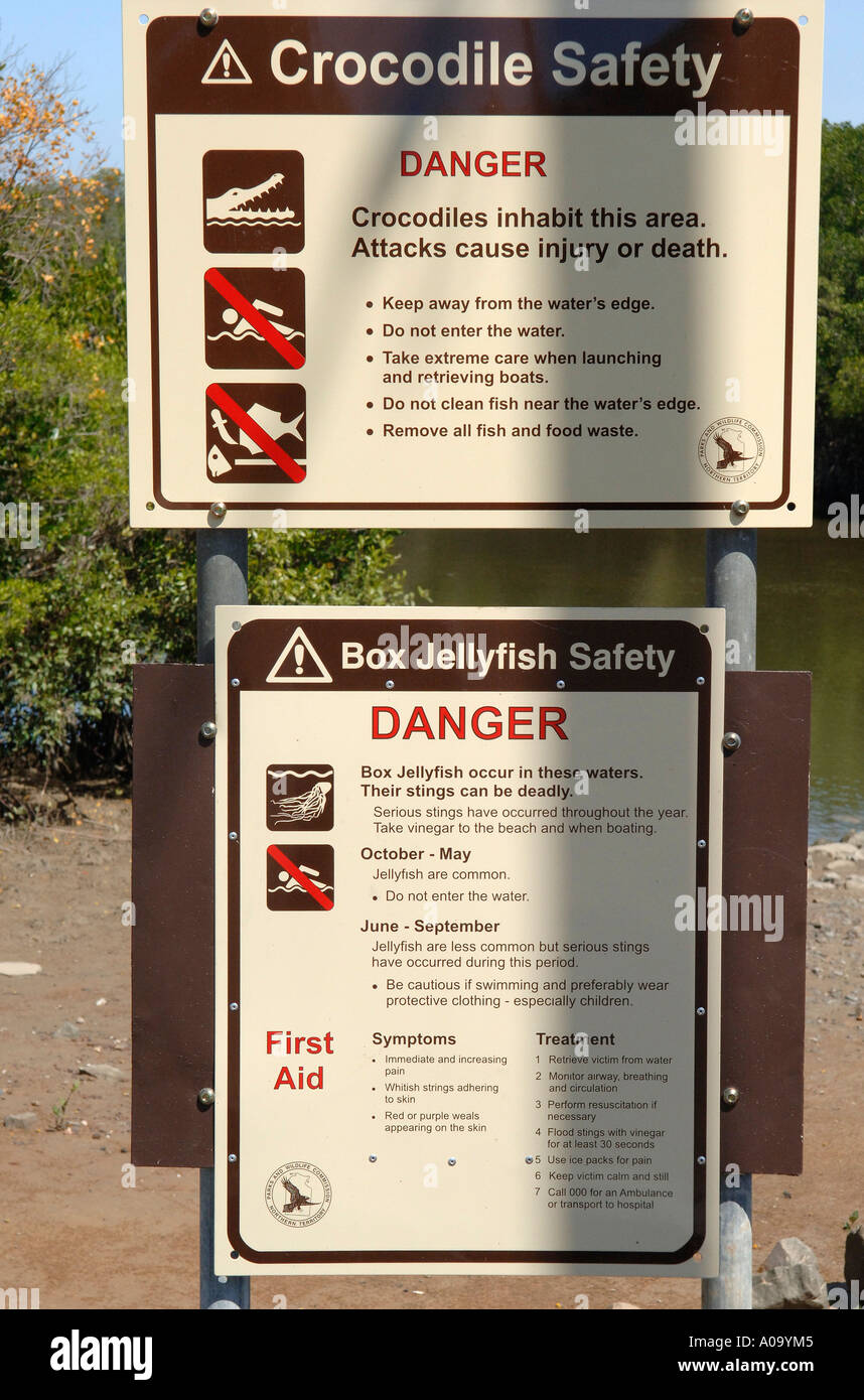 Dangerous salt water crocodile warning sign, Kakadu National Park ...
