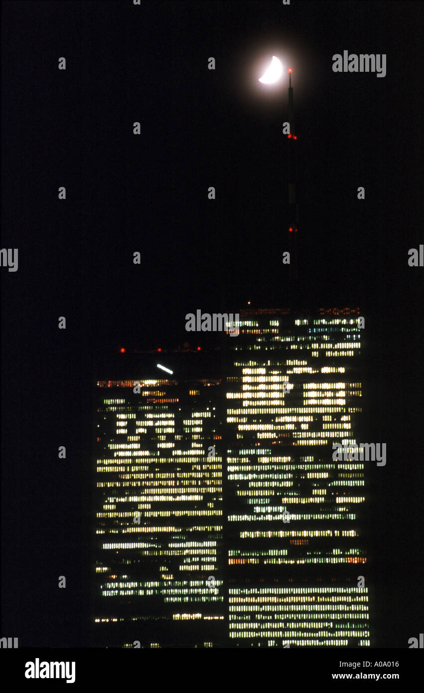 World Trade Center (WTC) and half moon at night, New York City USA ...