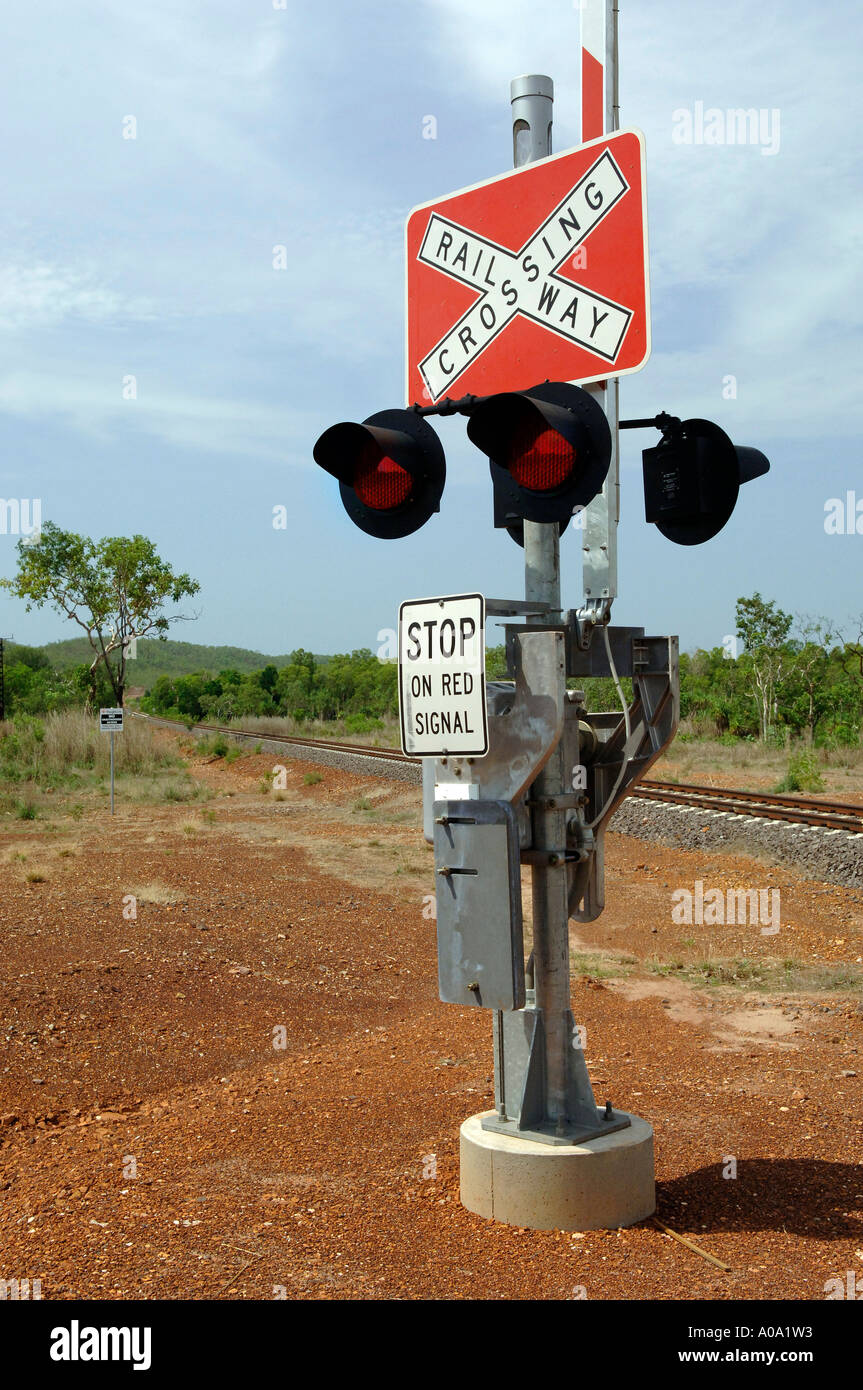 Danger; open railway level crossing Northern Territory Australia Stock ...