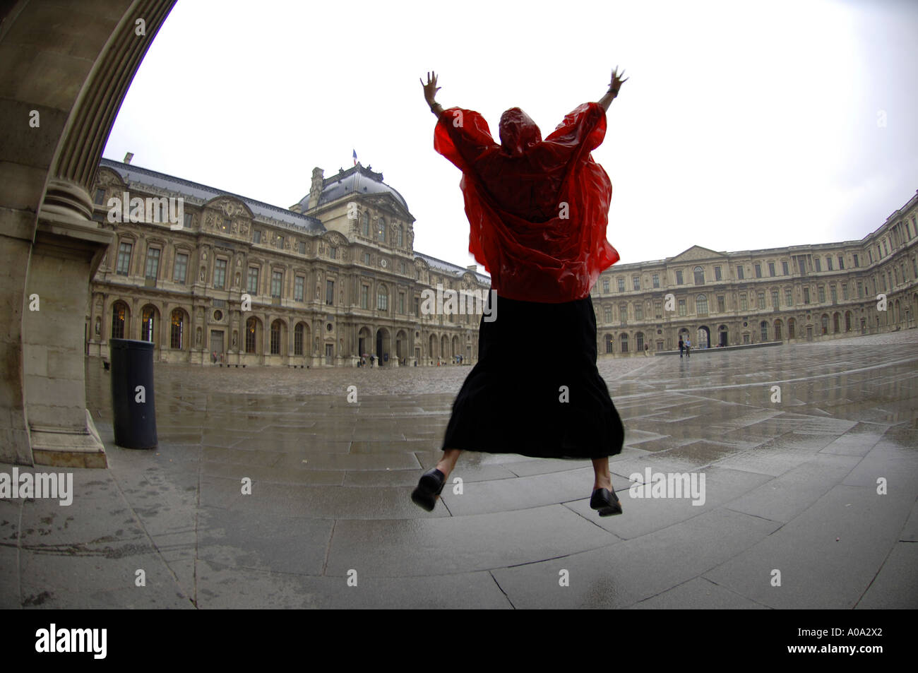 Le Louvre, Paris, France, woman in red, rain, the louvre, Paris, France ...