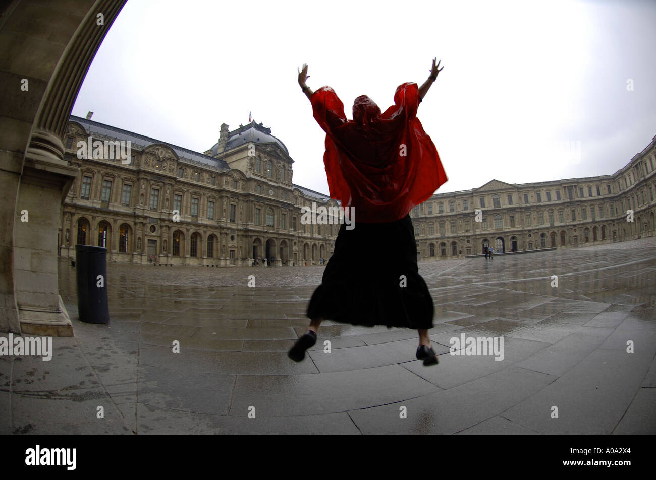 Le Louvre, Paris, France, woman in red, rain, the louvre, Paris, France ...