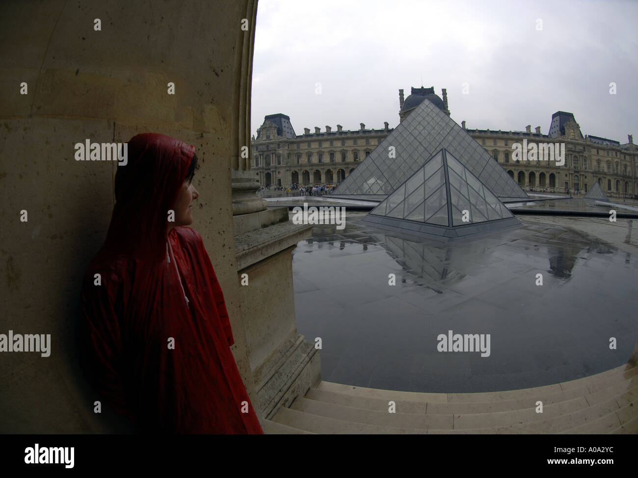 Le Louvre, Paris, France, woman in red, rain, the louvre, Paris, France ...
