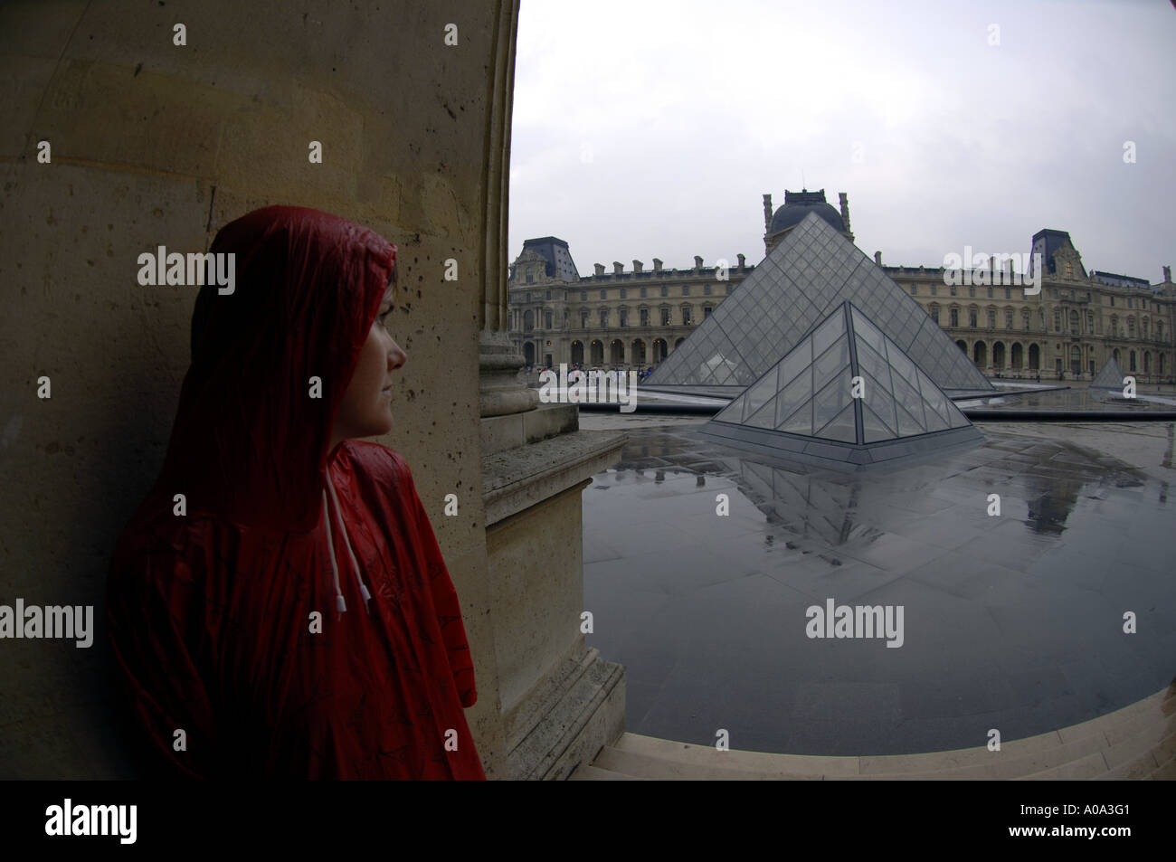 Le Louvre, Paris, France, woman in red, rain, the louvre, Paris, France ...