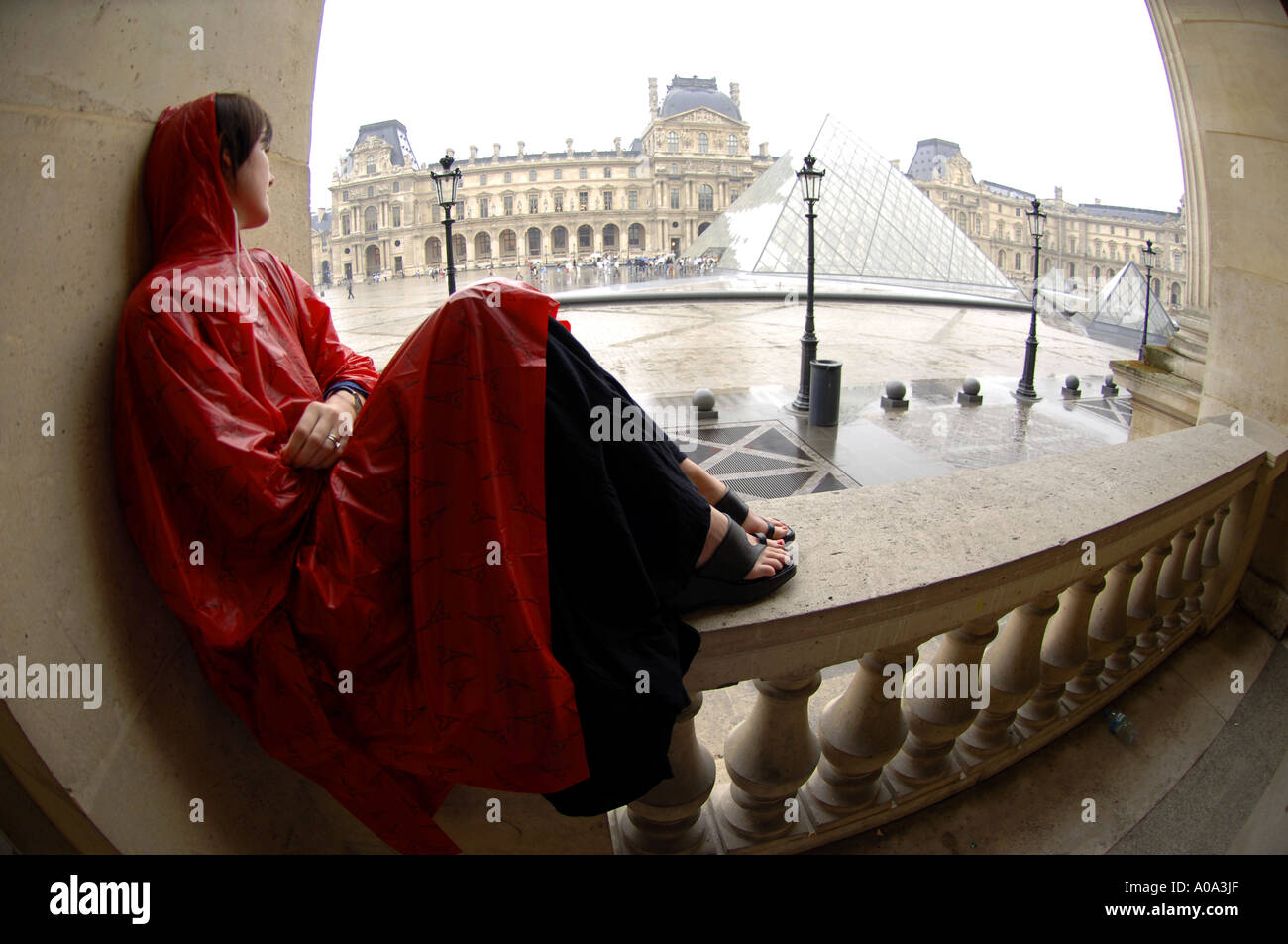 Le Louvre, Paris, France, woman in red, rain, the louvre, Paris, France ...