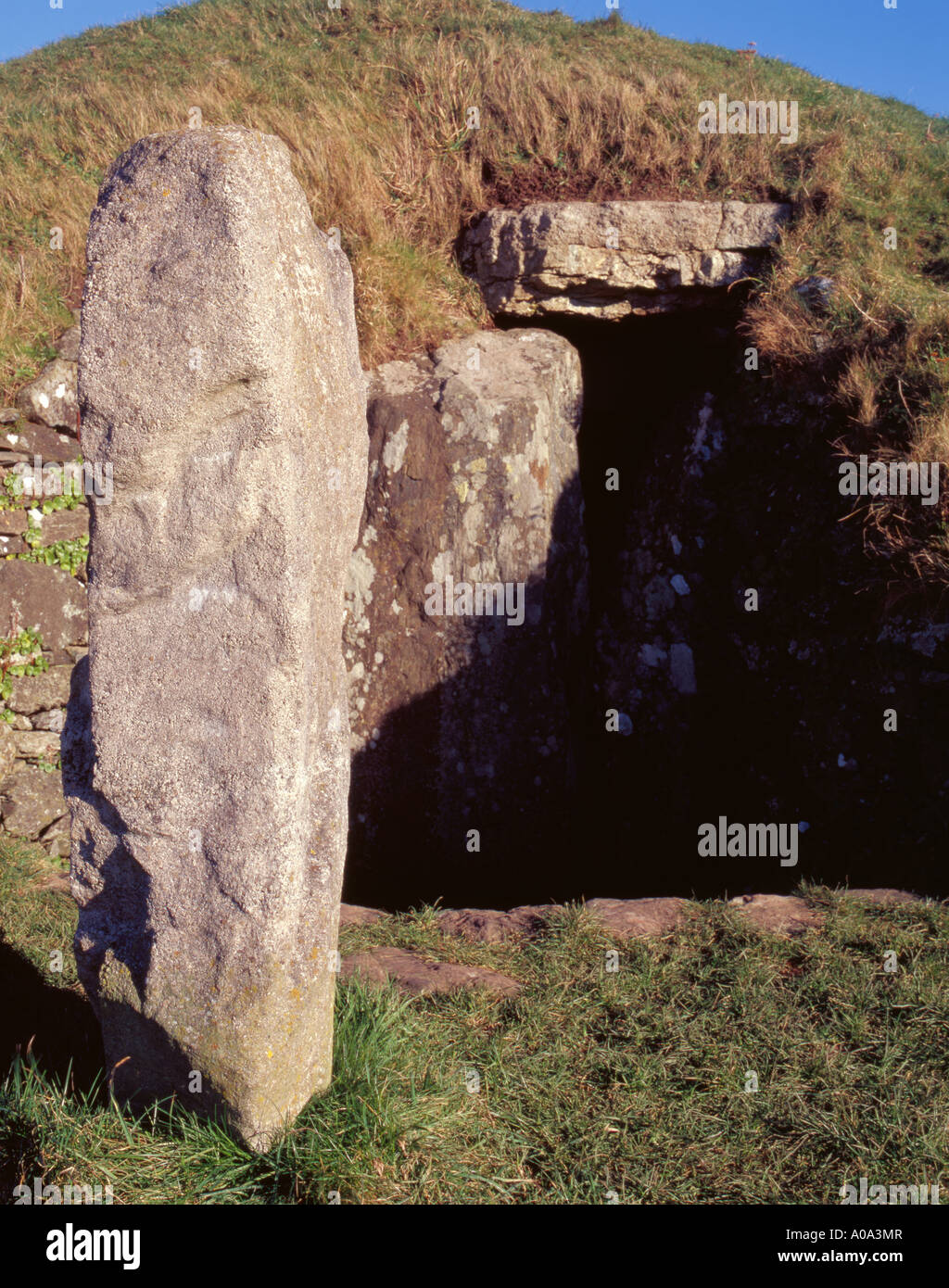 Standing stone at the entrance of Bryn Gelli Ddu Burial Chamber (Bronze ...
