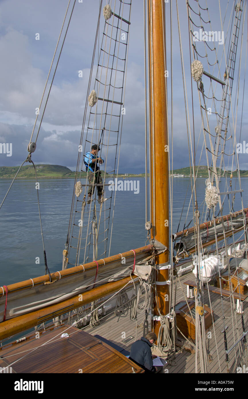 Mending rigging on sailing boat Oban harbour looking west to Kerrera ...