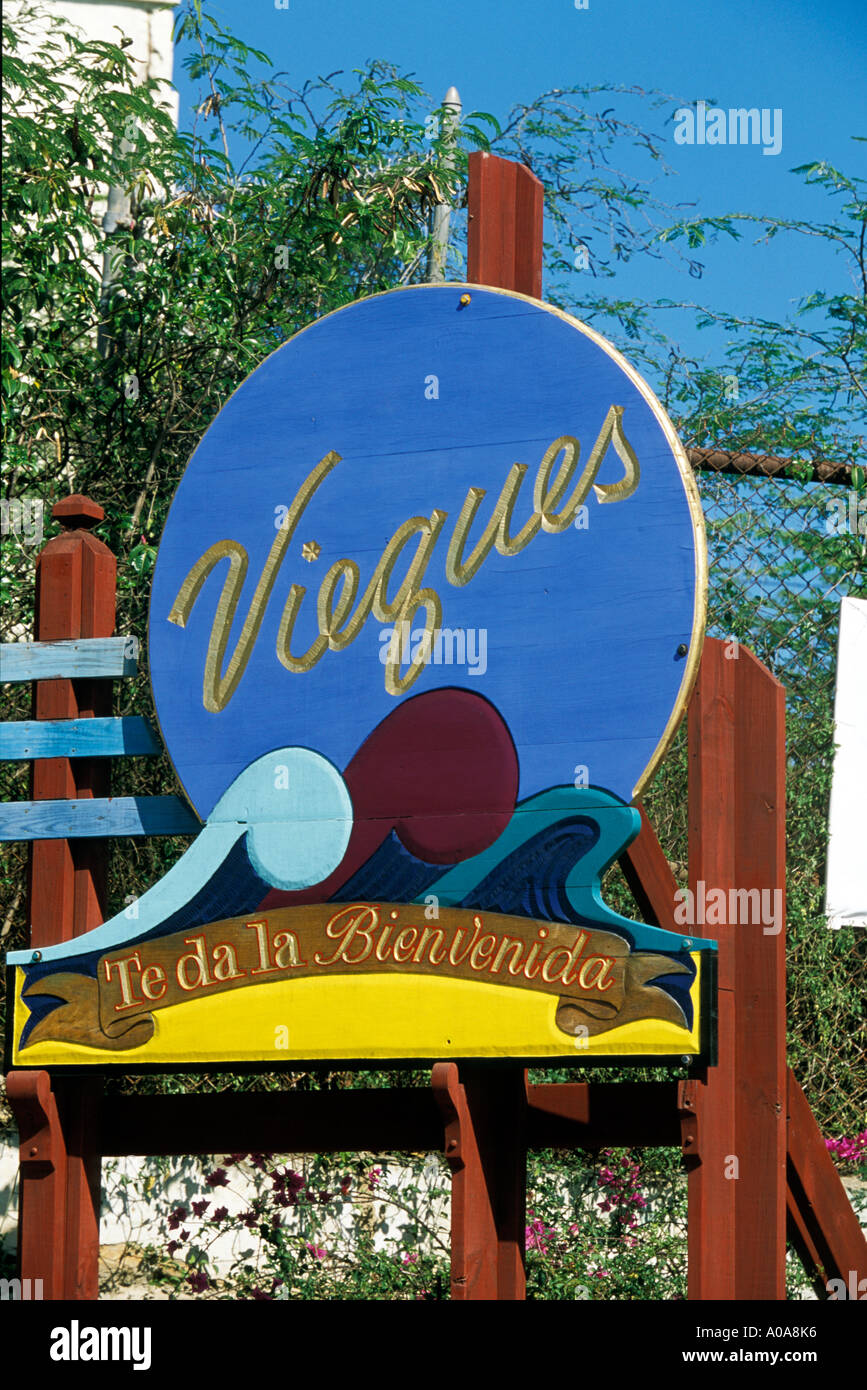 USA CARIBBEAN PUERTO RICO ISLAND OF VIEQUES Community welcome sign ...