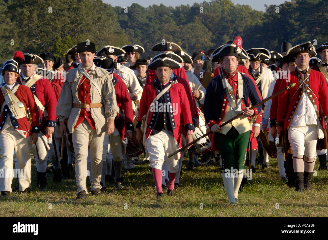 British troops marching in a reenactment on the Yorktown battlefield ...