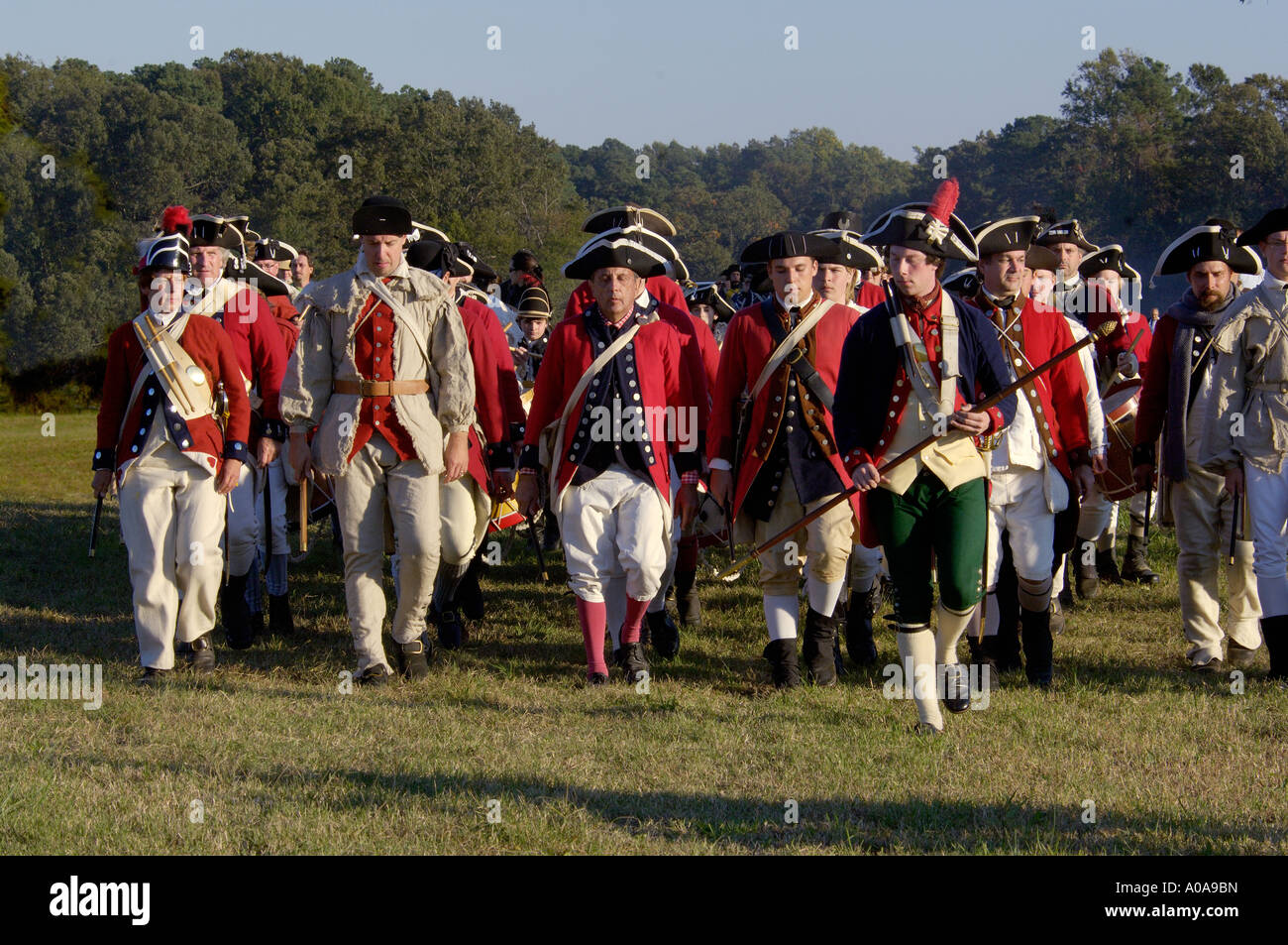 British troops marching in a reenactment on the Yorktown battlefield ...