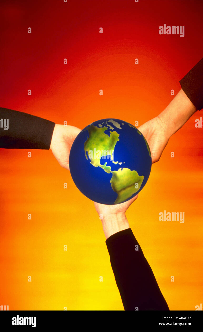 Three hands supporting the earth Stock Photo - Alamy