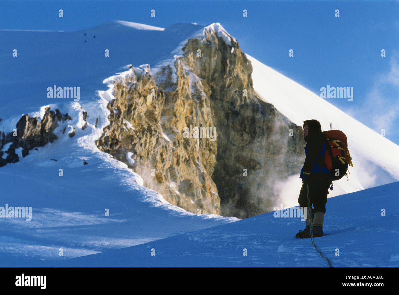 Climber at the Sherman Crater looking to the summit on Mt Baker a ...