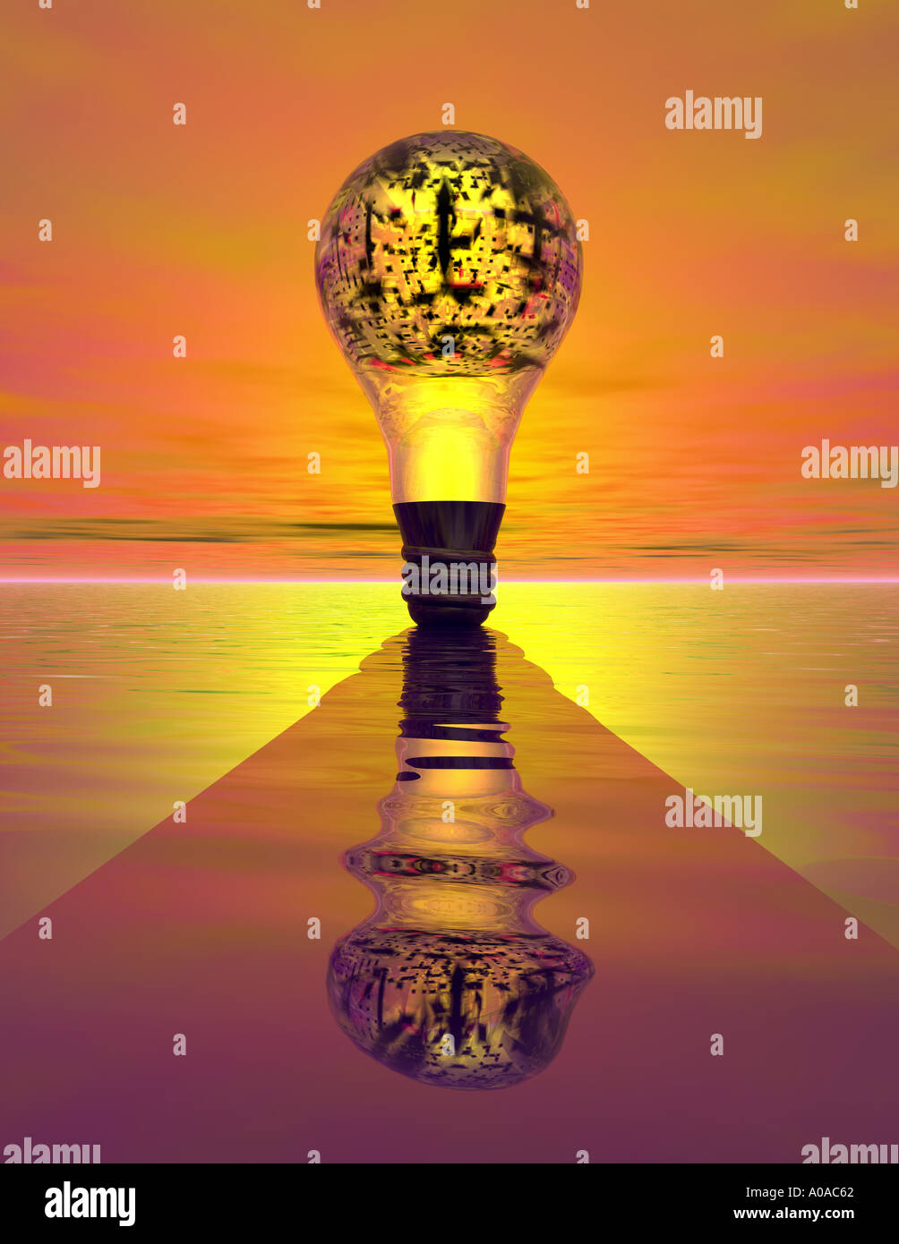 Stylized light bulb against sunset over water Stock Photo - Alamy