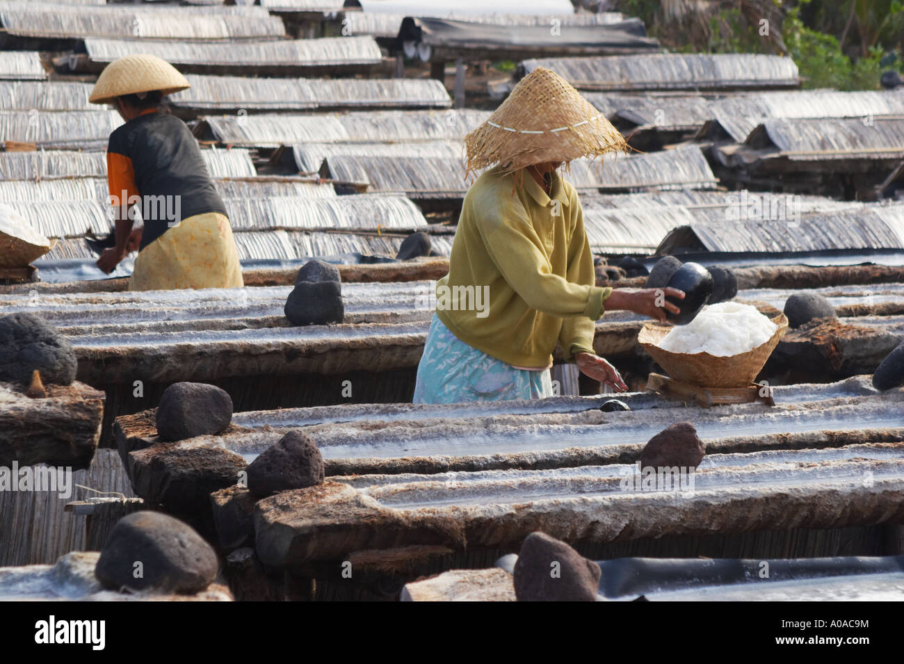 Women Collecting Salt From Troughs , Bali Stock Photo - Alamy