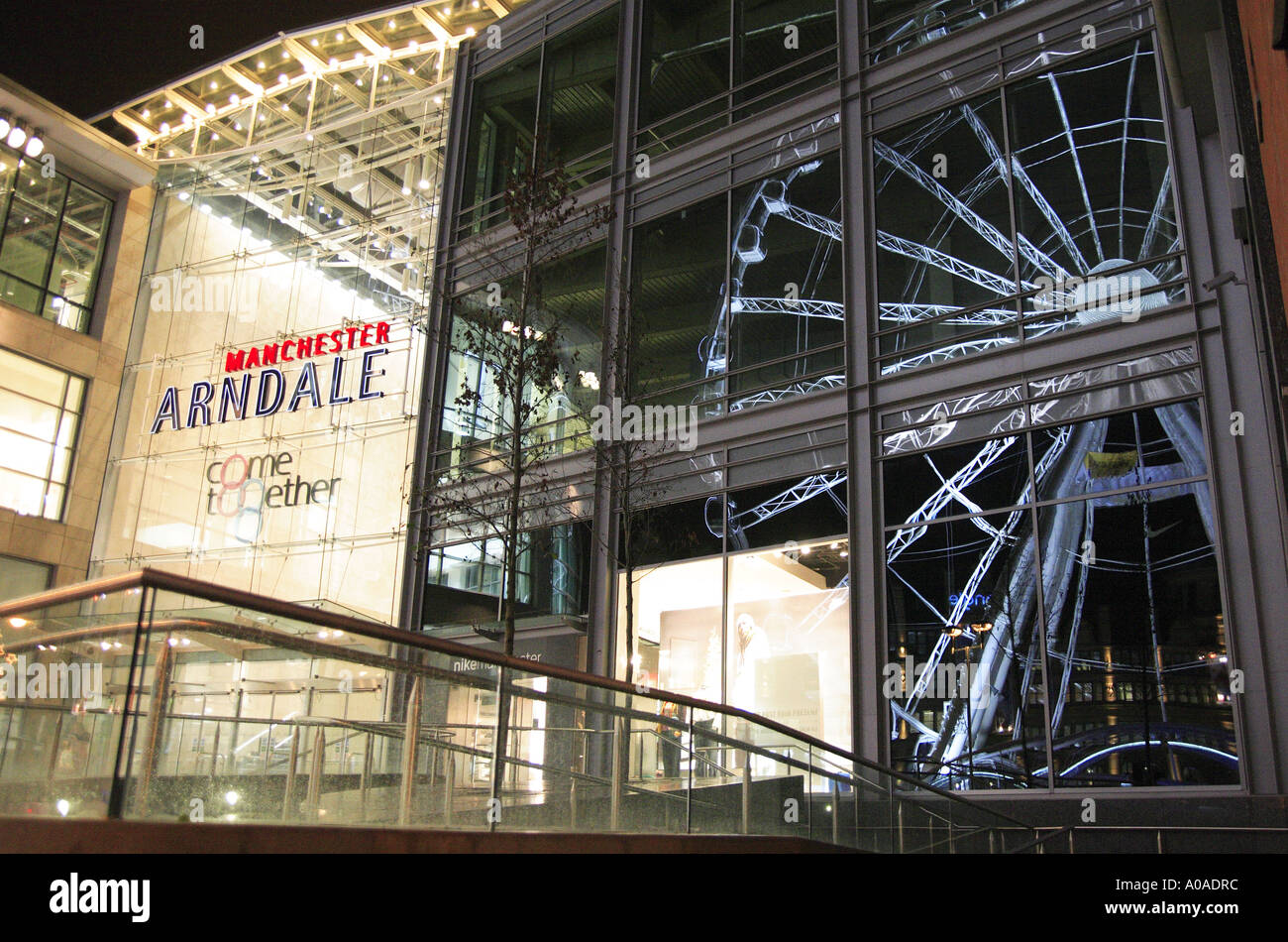 Arndale Centre Manchester with reflection of the Wheel at night UK ...