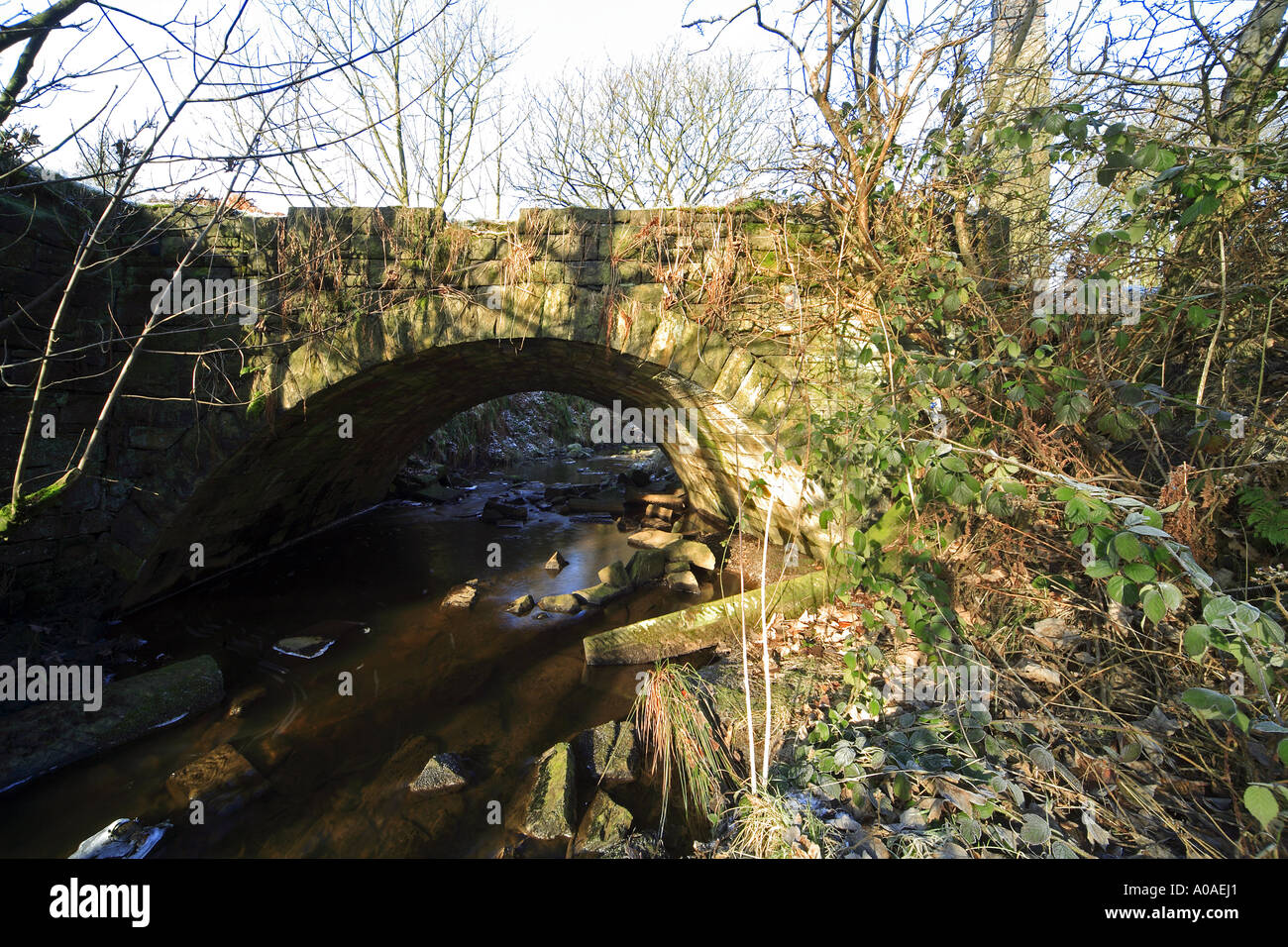 The Pack horse bridge near Washwheel Mill over the Cheesden Brook ...