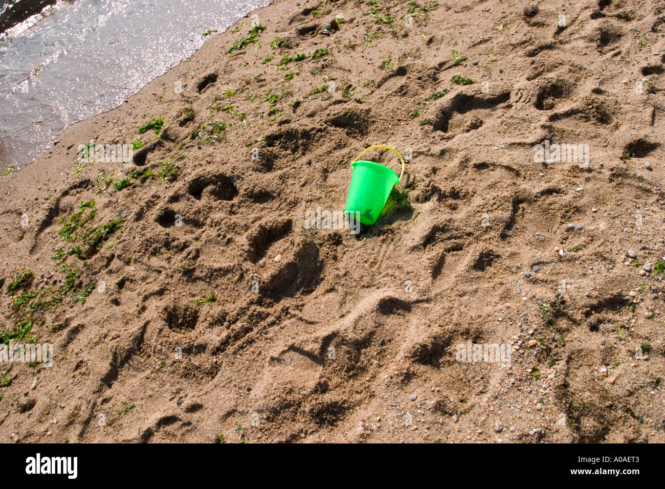 Green bucket lying in the sand at the beach Stock Photo - Alamy