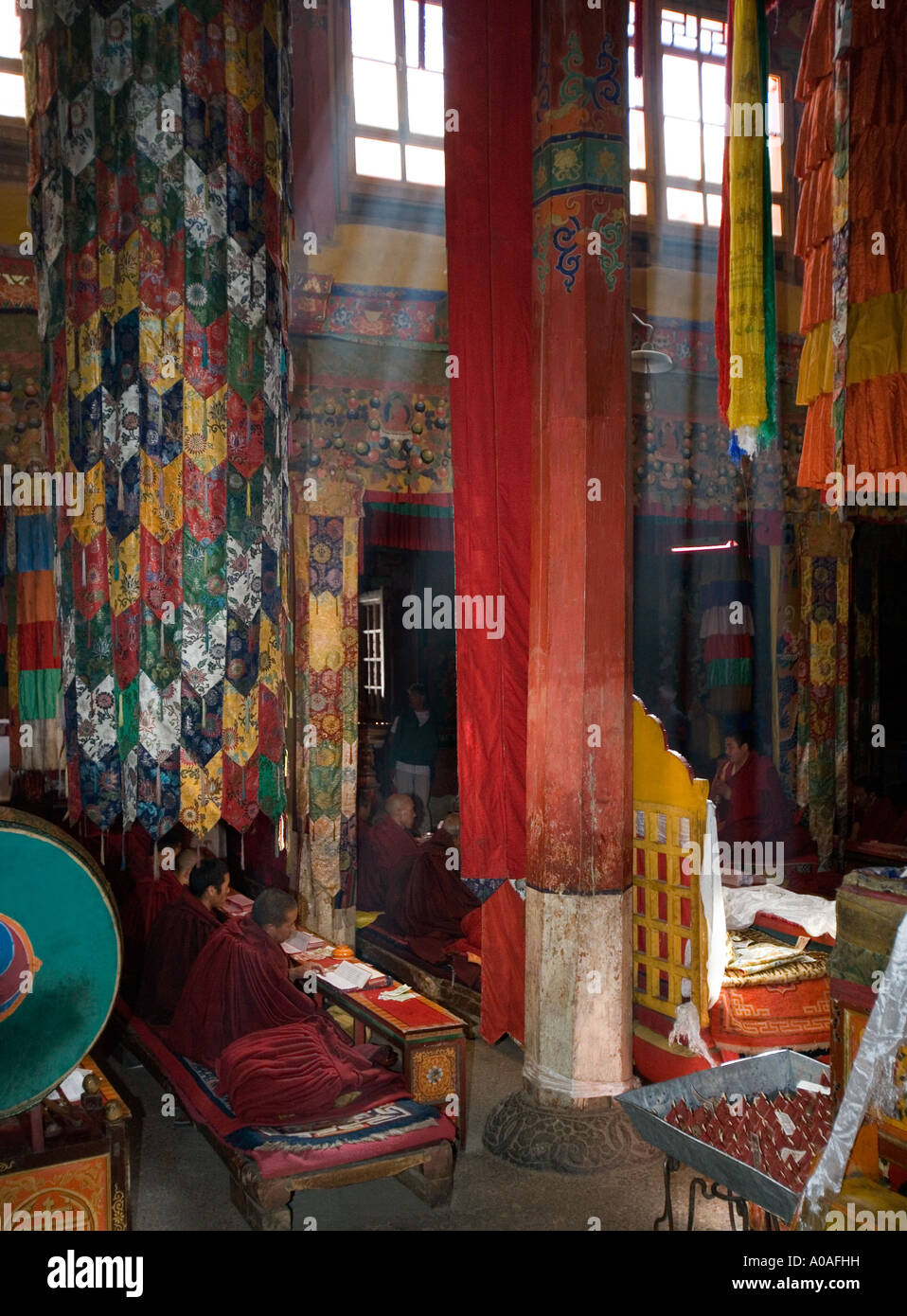 Monks chanting hall in Samye Monastery near Tsetang in the Tibet ...