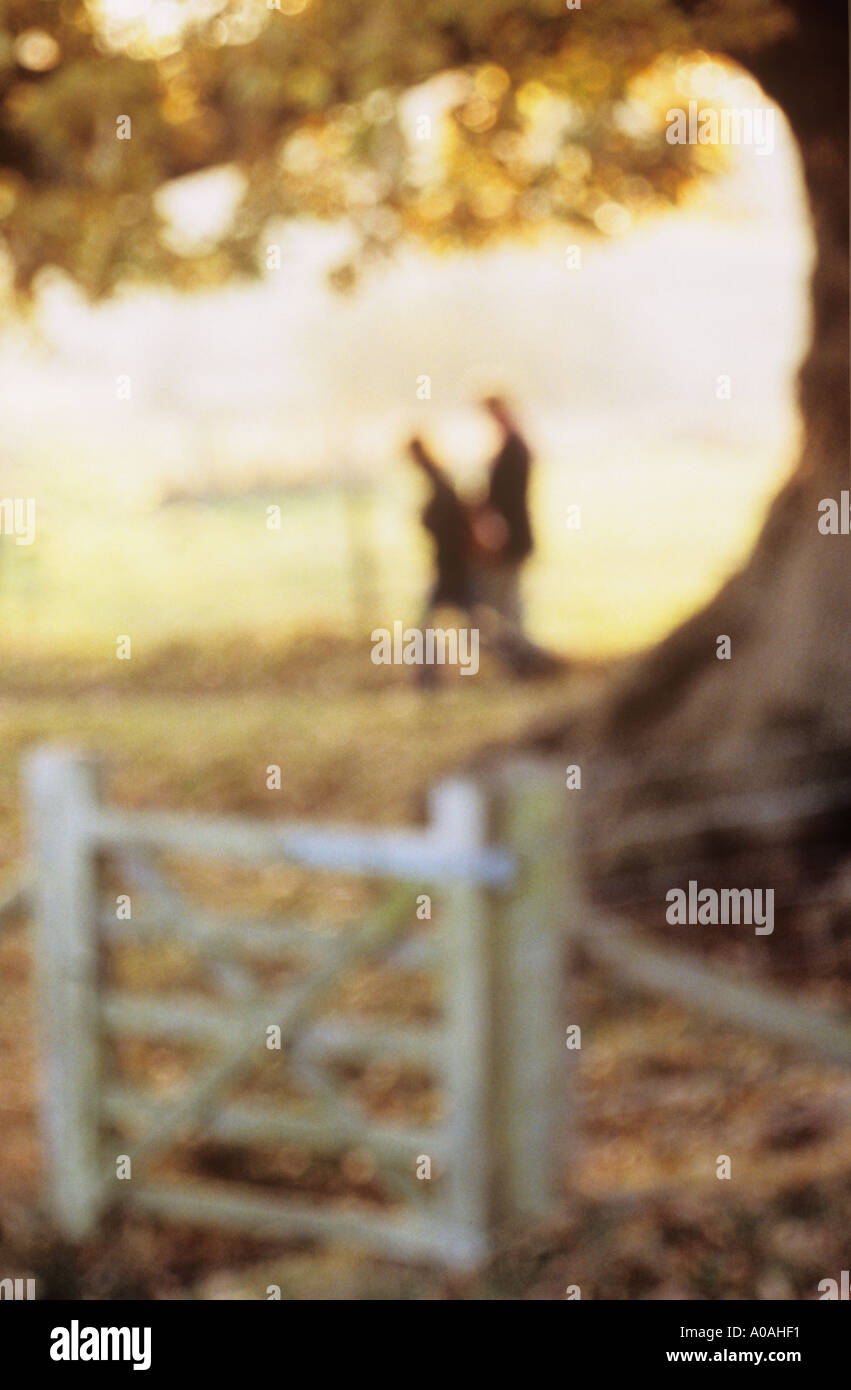 Defocussed couple walking past a giant oak tree and gated fence in ...
